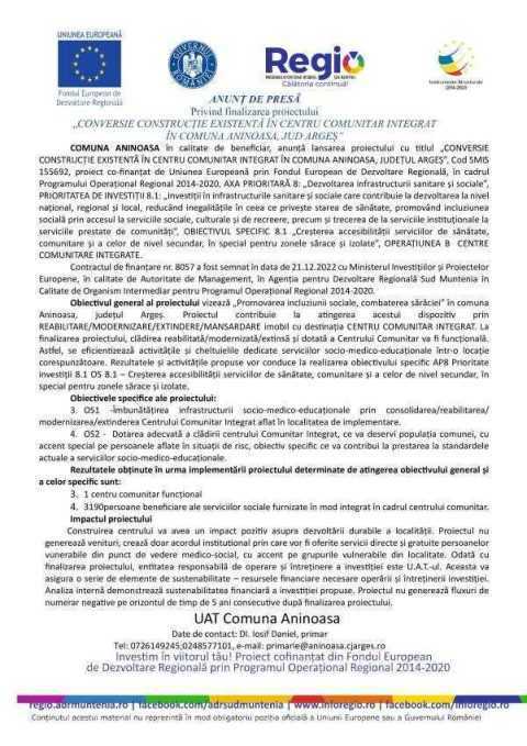 Anunț privind finalizarea proiectului „CONVERSIE CONSTRUCȚIE EXISTENTĂ ÎN CENTRU COMUNITAR ...